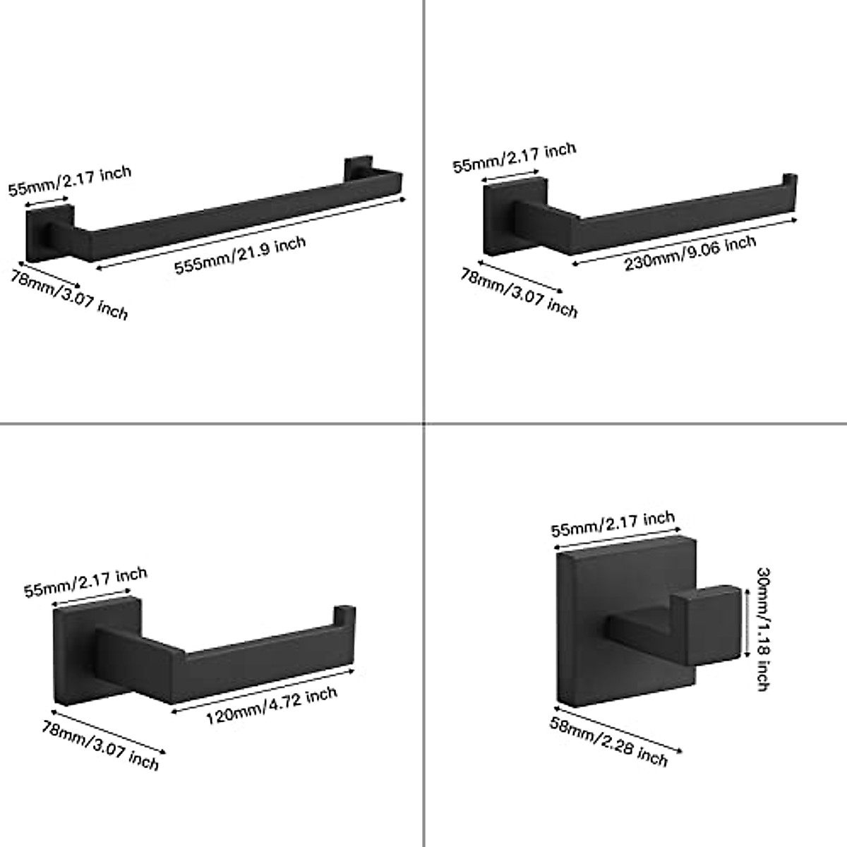 BATHLAVISH Matte Black Bathroom Accessories Set Hardware 5-Piece Towel Bar Holder Sets Hand Towel Rack Holder and 2 Towel Hooks, Stainless Steel Wall Mounted