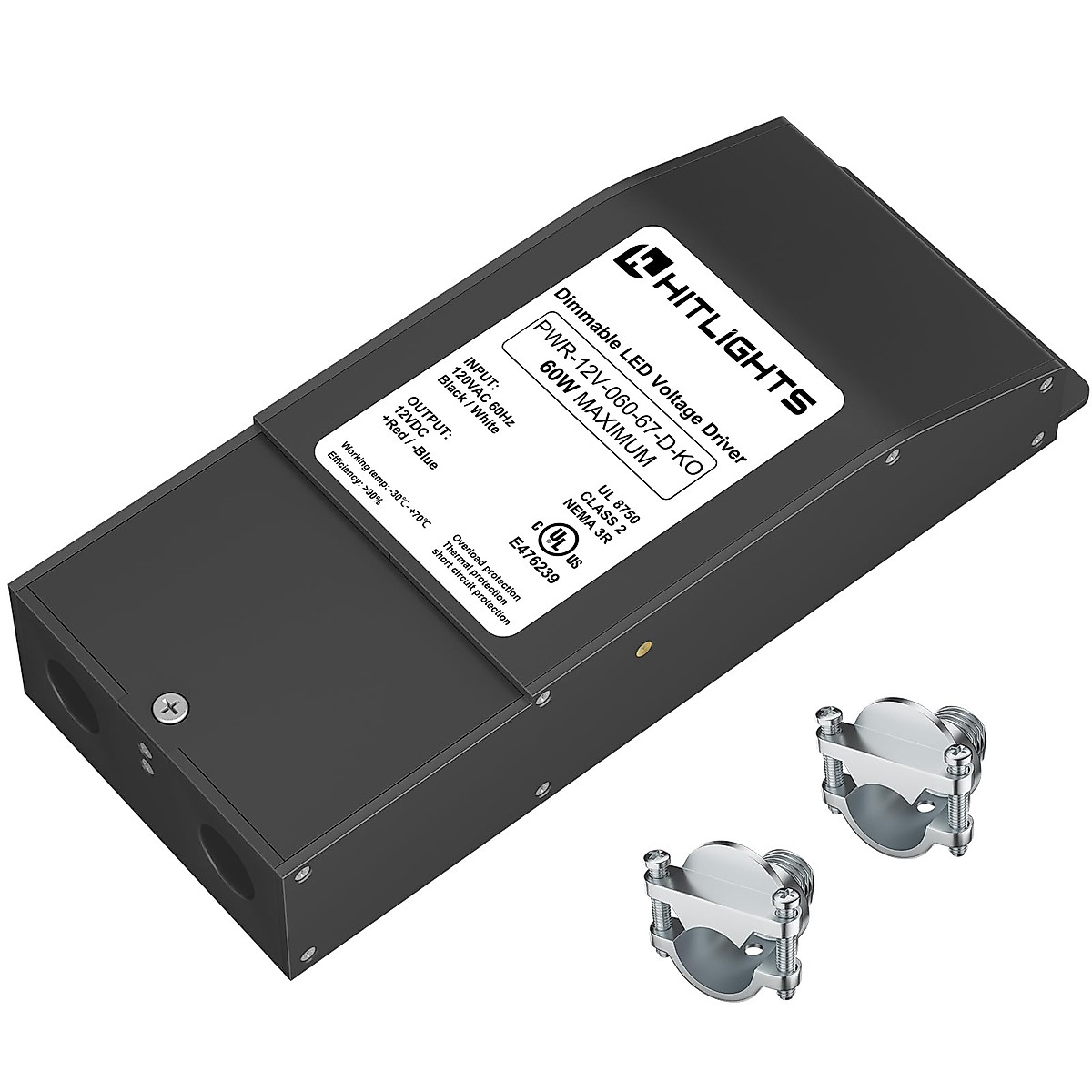 HitLights 60W 12V DC LED Dimmable Driver, 120V AC Input to 12V DC Output Class 2 LED Transformer, Compatible with Lutron and Leviton for LED Strip Lights Black