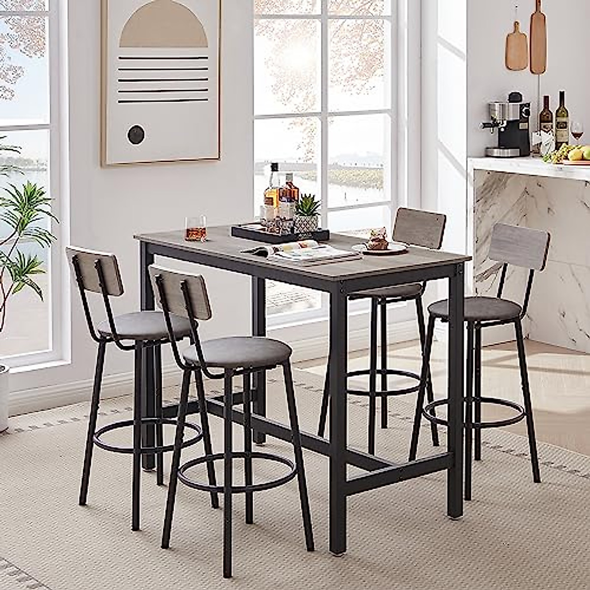 OGAOL Bar Table and Chair Sets for 4, 5 Pieces Industrial Counter Height Pub Table and 4 PU Soft Stools with Back&Adjustable Feet, 47" Dining Table and Chairs for Restaurant,Living Room (Gray, 47")