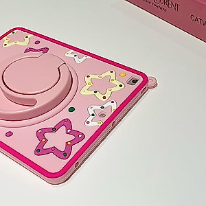 Premium Cute Soft Silicone Pink Star Colorful Kawaii Pattern Tablet Case with Built-in Foldable Kickstand and Lanyard Shockproof Cover Case for iPad Air 2019/ Pro 10.5"