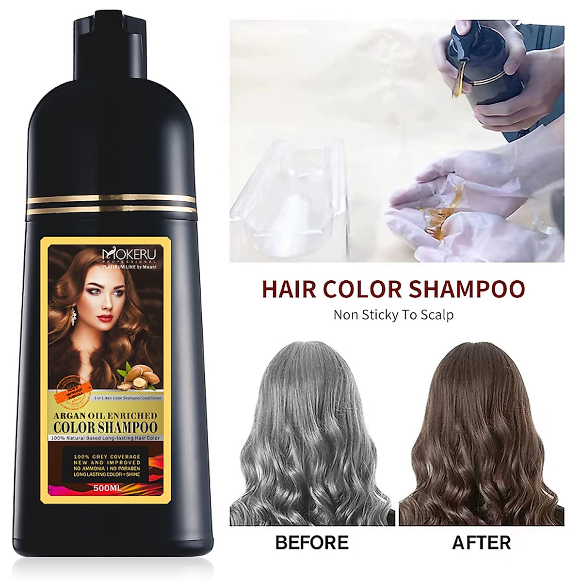 MOKERU Professional Argan Oil Hair Dye Color Shampoo 500 ML I New & Improved Formula Ammonia Free Paraben Free I Instant Fast Acting Long Lasting Signature Platinum Line by Maani (Black)