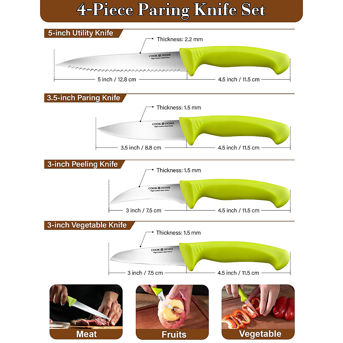 Cook N Home Paring Knife Set 4-Piece, High Carbon German Stainless Steel Kitchen Knives, Includes-Utility, Paring, Vegetable, Peeling Knife, Ergonomic Handle, Green