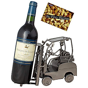 BRUBAKER Wine Bottle Holder 'Forklift' - Table Top Metal Sculpture - with Greeting Card
