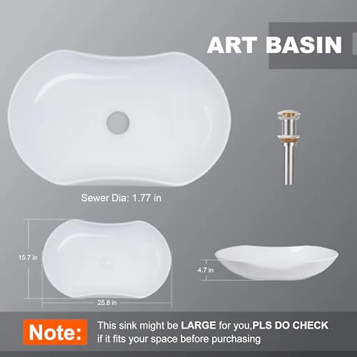 Tysun Oval Vessel Sink, 26'' x 16'' Modern Vessel Sinks for Bathrooms, White Porcelain Ceramic Oval Bathroom Sink Above Counter