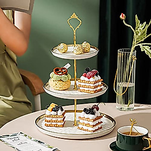 Tosnail Set of 2 Porcelain Cupcake Stand Ceramic Dessert Stand Tiered Serving Trays with Gold Rod, 3 Tiers and 2 Tiers Cake Stand Party Serving Trays Fruit Pastry Holders for Wedding and Party
