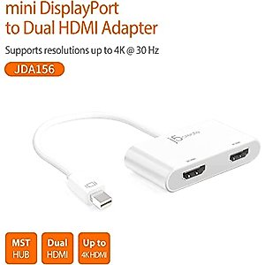 j5create Mini DisplayPort to Dual 4K HDMI MST Adapter, Compatible with Microsoft Surface Pro 2, Surface Book, HP OMEN 15-CE051NR and More (JDA156)