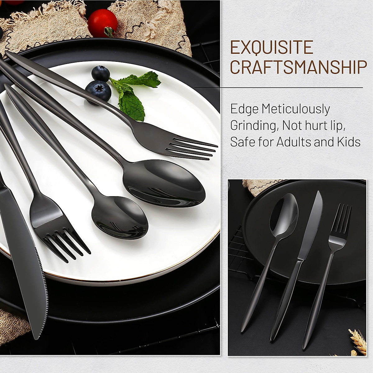 PUREAIN Silverware Set, 40 Pieces Flatware Set for 8, Anti-rust Stainless Steel Cutlery Set Including Fork Spoon and Knife, Dishwasher Safe, Black