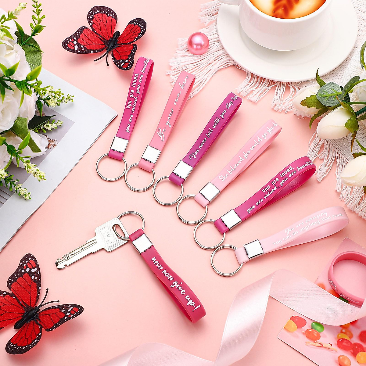 Sasylvia 24 Pcs Inspirational Quote Keychains Bulk for Women Men Girls Party Favor Gifts Silicone Motivational Quote Keychain Rings (Pink)