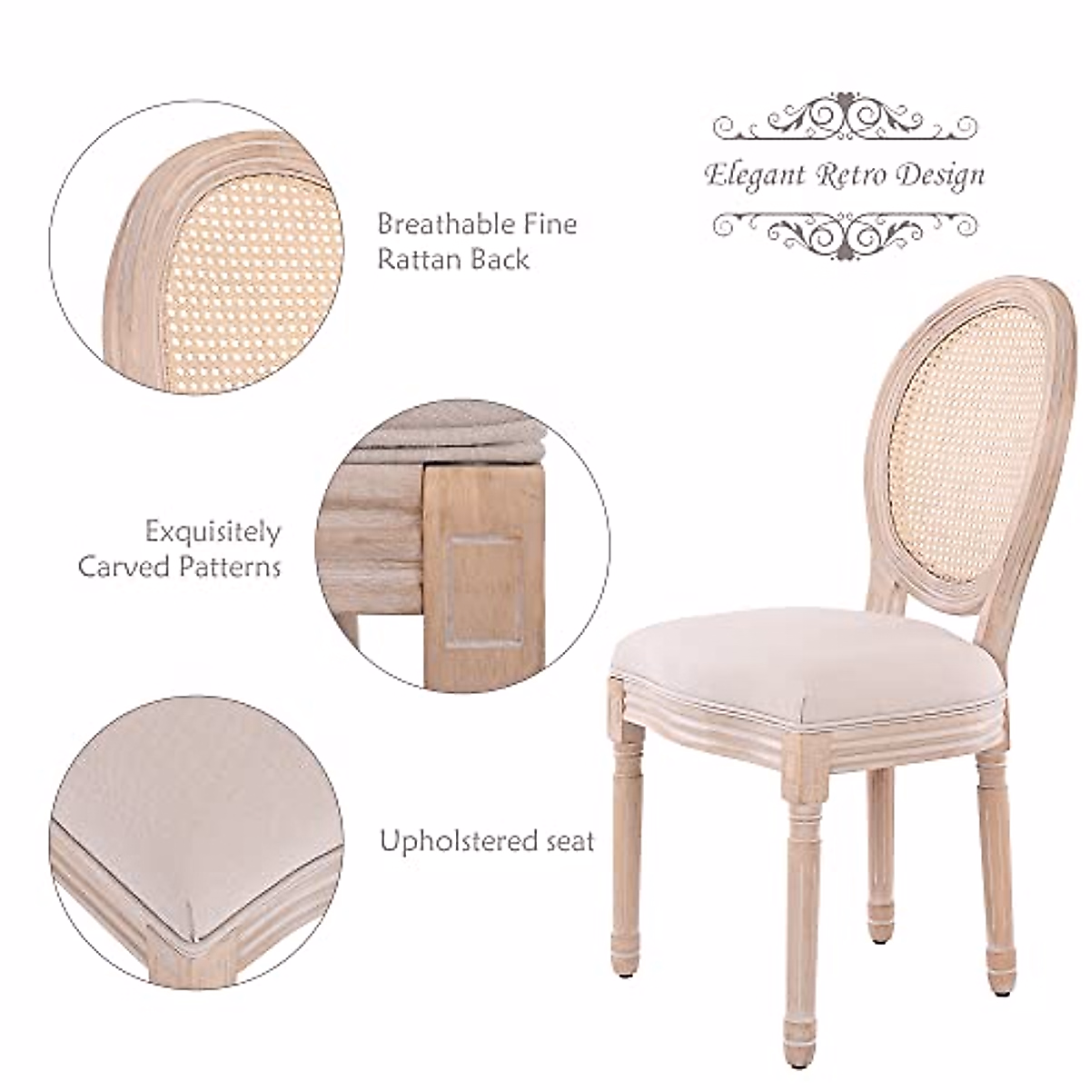 Henf French Country Dining Chairs Set of 2,Vintage Dining Chairs with Solid Wood Frame,Side Chairs Farmhouse Dining Chairs for Kitchen,Restaurant,Upholstered Dining Room Chair (Beige, Round Back)