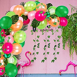 FEPITO 124Pcs Tropical Balloons Garland Kit Pink Green Balloon Arch Garland with Tropical Palm Leaves, Balloon Tape Strip, Dot Glue and Tying Tool for Tropical Party Decor, Birthday Party Supplies