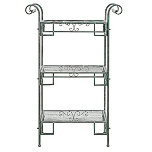 SAFAVIEH Outdoor Collection Noreen Victorian Scroll Antique Dark Green Wrought Iron 3-Tier Shelf