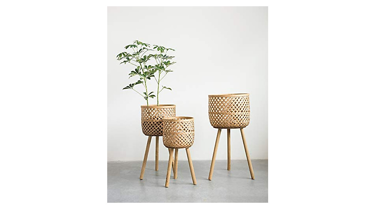 Creative Co-Op Woven Bamboo Floor Baskets with Wood Legs - Set of 3