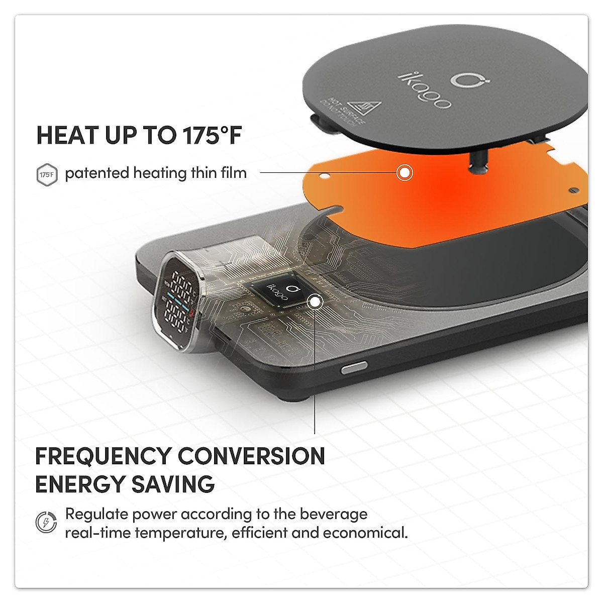 ikago Smart Mug Warmer Plate No Sound - Accurate 1℉ Temperature Control with Cup Sensing, Digital Display, Auto Shut-Off, Perfect for Desk & Cool Birthday Gifts for Women and Men