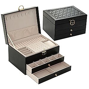 Jewelry Organizer with Synthetic Leather,Jewelry Box For Women,Large Jewelry Box Storage with Lock and Key,Necklace Ring Earring Storage,Lockable Jewelry Gift Boxes(Black)