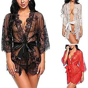 Qopobobo Sexy Lengerie for Women Naughty Women's Lace Kimono Robe Long Sleeve Mesh Lingerie Nightgown Dress with Belt