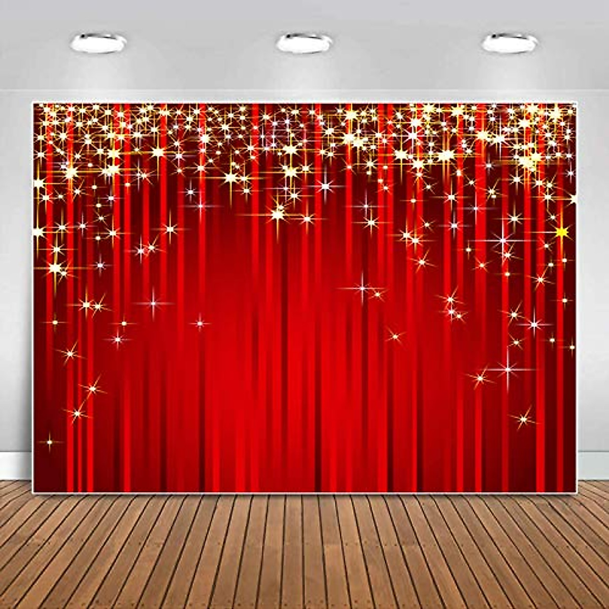 Sensfun 7x5ft Gold Starry Red Photography Backdrop Glitter Golden Star Stripes Background Red Christmas Backdrops for Wedding Birthday Xmas Party Banner Children Portrait Photo Studio Wall Decorations