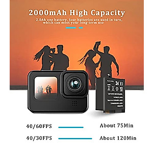 Bonadget 2000mAh 4-Pack Battery and 2-Channel Charger for Gopro Hero 7/6/5 with USB and Type-C Charging Port Compatible with Gopro Hero 7/Gopro Hero 6/Gopro Hero 5 Battery and Charger Bundle LED Light