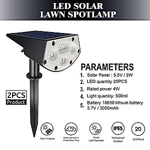 WBM Smart 20 LEDs Solar Landscape Spotlights, IP67 Waterproof, 2-in-1 Wireless Outdoor Security Lights for Yard Garden Driveway Porch Walkway Pool Patio, 4 Pack