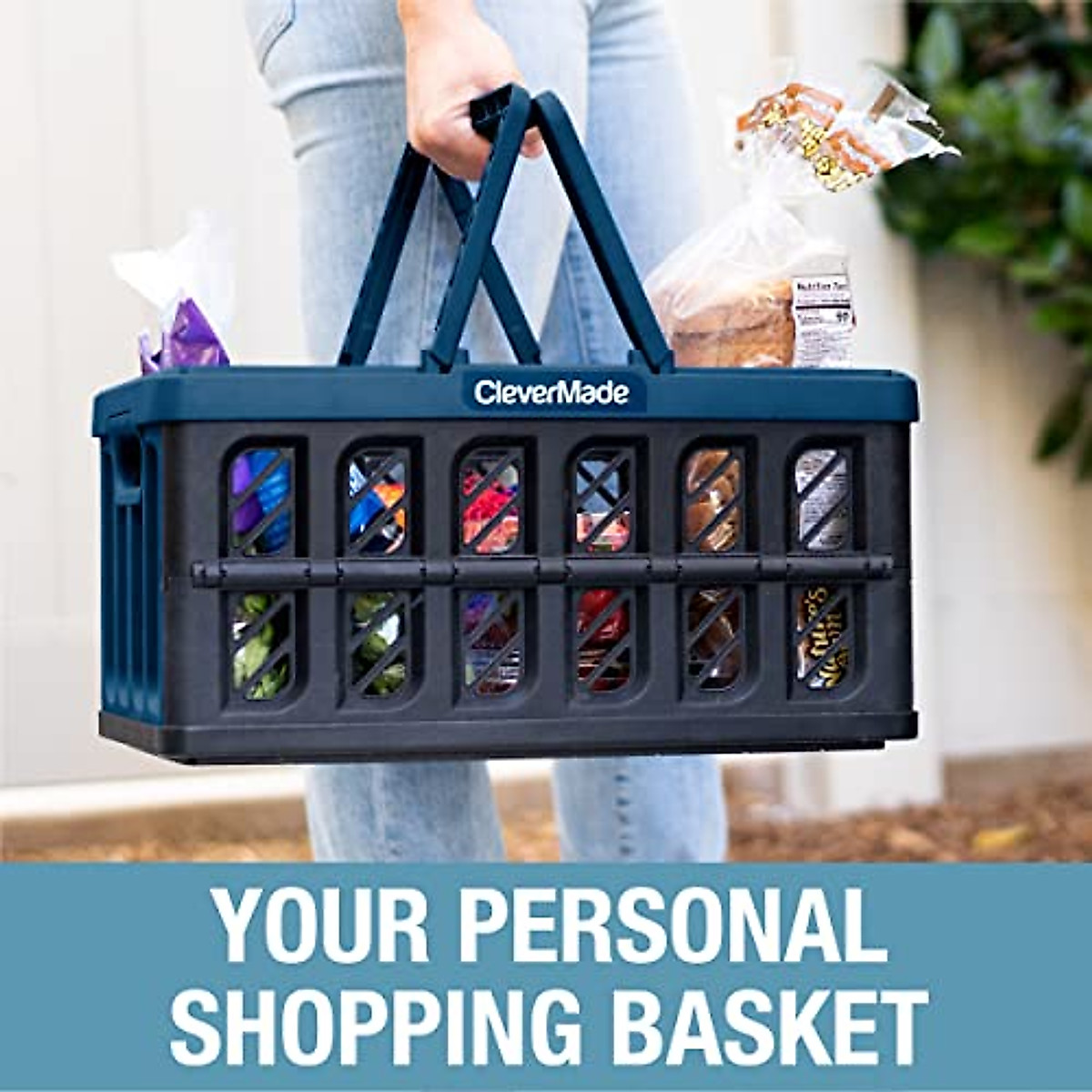 CleverMade Eco 24L Collapsible Reusable Plastic Grocery Shopping Baskets; Small Foldable Storage Crates with Handles, 3 Pack, Stone