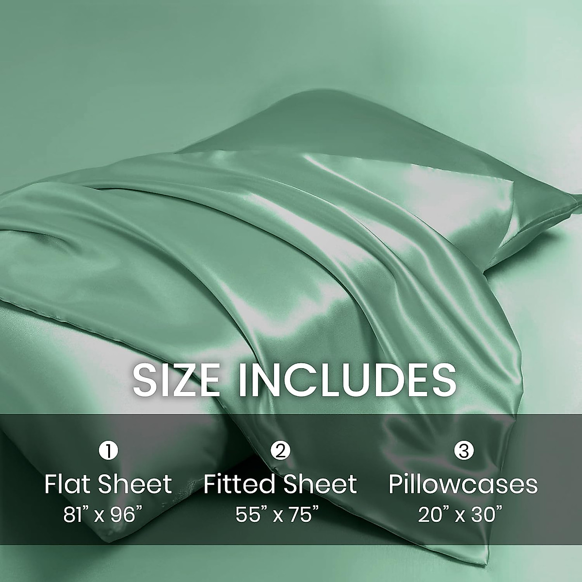 Revdomfly 4 Pcs Full Size Luxury Silky Soft Grass Green Satin Sheet Set,1 Premium Moisture Wicking Fitted Sheet Fits Up to 16 Inches Deep Pocket + 1 Flat Sheet + 2 Pillowcases（Grass Geen, Full）