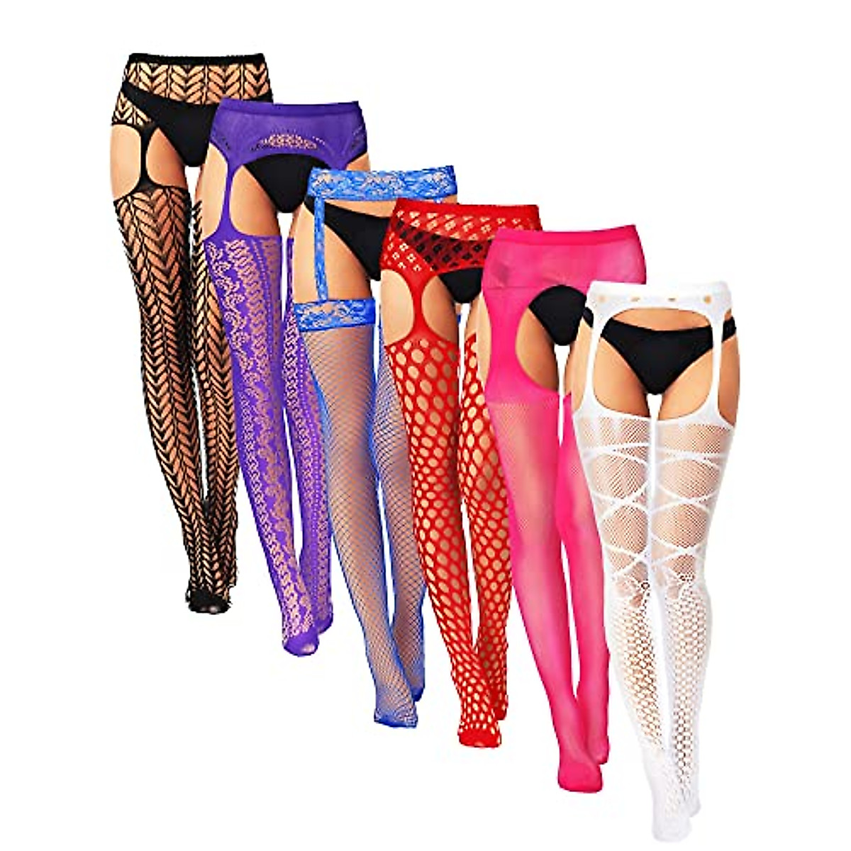 6 Pairs Women Fishnet Thigh High Stockings Garter Belts and Suspender Pantyhose Stockings for Halloween (Classic, Black, White, Rose Red, Purple, Red, Dark Blue, Medium-Large)