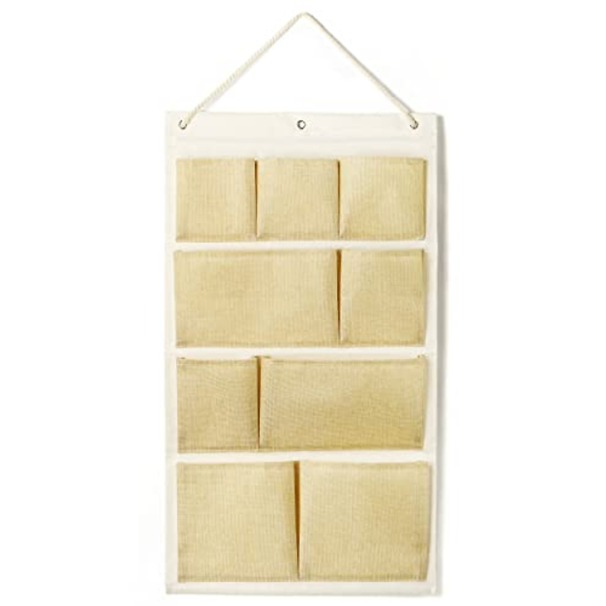 Over Door 4-Shelf Hanging Storage Bags Wall Mount Closet Organizer, 9 Pockets Linen Cotton Fabric Multi Functional Living Room Bedroom Bathroom File Magazine Waterproof Free Hooks Yellow