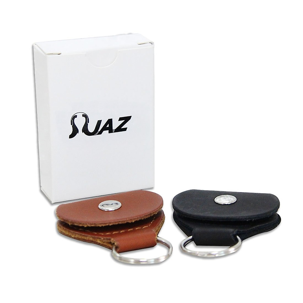 JAZ Guitar Picks Holder Case - Leather Keychain Plectrum Key Fob Cases Bag - 2 Pack (Black and Brown)