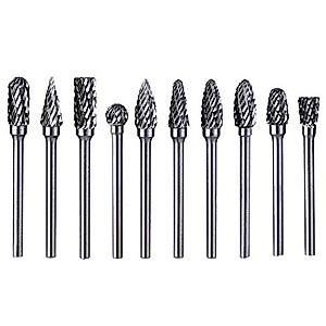 ASNOMY Double Cut Carbide Rotary Burr Set - 10 Pcs 1/8" Shank, 1/4" Head Length Tungsten Steel for Die Grinder Drill, Metal Carving,Polishing,Engraving,Drilling