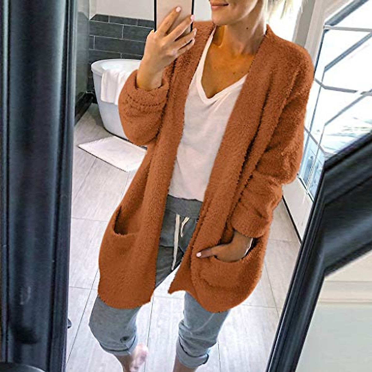 Akabsh Women Casual Sweatshirt Solid Winter Warm Soft Wool Pockets Cardigan Coat Outwear