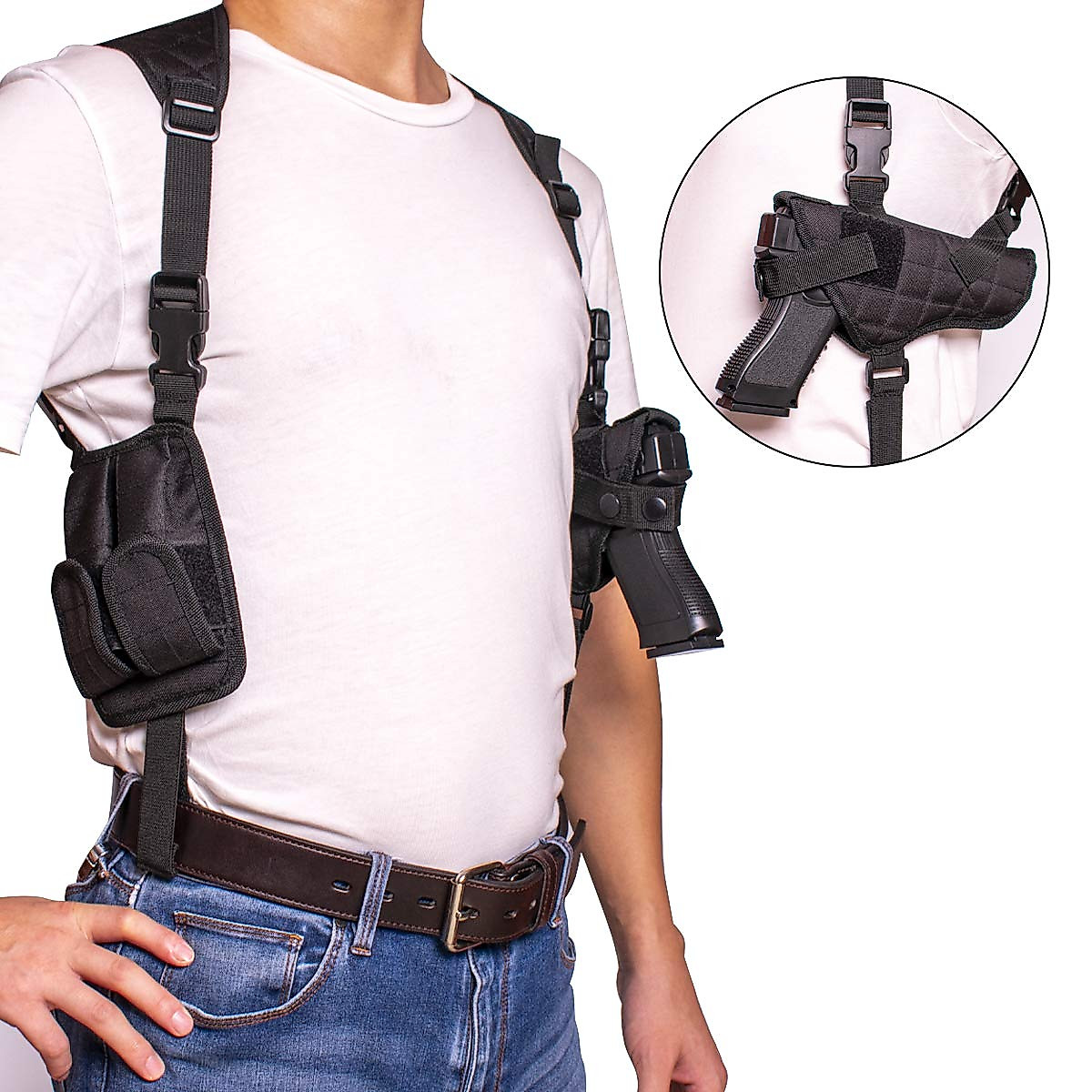 POYOLEE Shoulder Holster for Pistols, Adjustable Vertical Gun Holster with Double Magazine Pouch, Universal Concealed Carry Holster Fits Compact to Large Handguns Black
