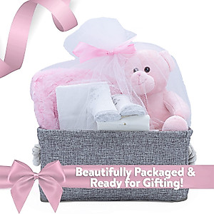 Baby Girl Newborn Essentials, Baby Shower Gifts with Decorated Gift Basket Set for Girls Including Blanket Bodysuit Towels and Washcloths Teddy Bear
