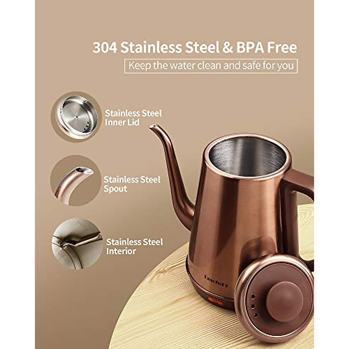 DmofwHi 1000W Gooseneck Electric Kettle (1.0L),100% Stainless Steel BPA Free Tea Kettle with Auto Shut - Off Protection, Pour Over Coffee Kettle -Copper