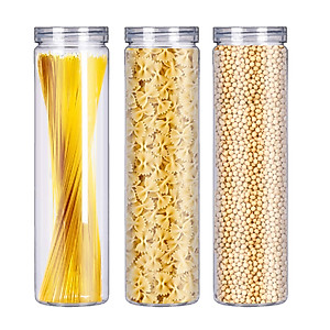 FEOOWV Set of 3Pcs Clear Plastic Food Storage Jar with Lid, Round Transparent Skinny Storage Container for Spaghetti, Pasta and Dry goods(2.1" Diameter x 11.8" Height)
