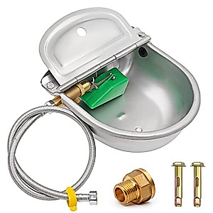KHEARPSL Automatic Waterer Bowl with Brass Float Valve and Drain Hole, Stainless Steel Dog Livestock Water Bowl with Hose, Connector and Screws