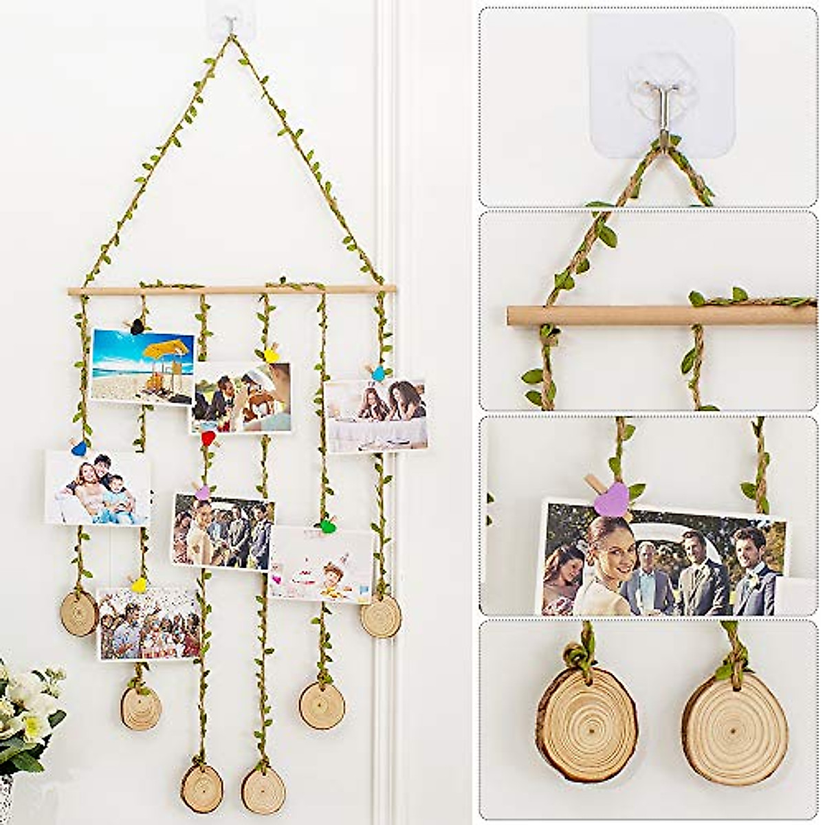 Hanging Photo Display, Wall Hanging Photo Holders Multi Photo Display with 8 Wood Clips and 1 Wall Hook, Picture Holders Frame Collage Decoration for Home Office Nursery Room Dorm Holiday Card Display