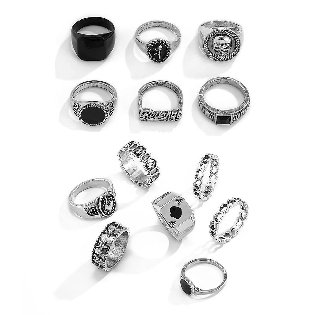 XUN Zhe Vintage Gold Silver Punk Rings for Men Women,Cool Gothic Ring Set,Chunky Stackable Joint Knuckle Rings,Retro Skull Ace Malachite Rings (Silver)