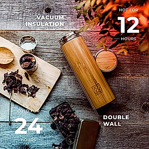 Santai Living Premium Bamboo Thermos with Tea Infuser & Super Strainer 17oz capacity - Keeps Hot & Cold for 24 Hrs - Vacuum Insulated Stainless Steel Travel Tea Tumbler Infuser Bottle for Tea & Coffee