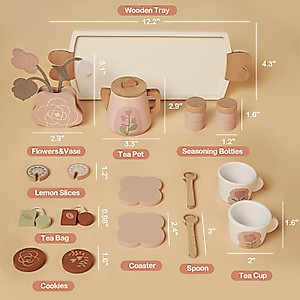 Wooden Tea Party Set for Little Girls, Toddler Tea Set Toy Pretend Play Kitchen Accessories, Wooden Play Food Set for 3 4 5 6 Years Old Boys Girls