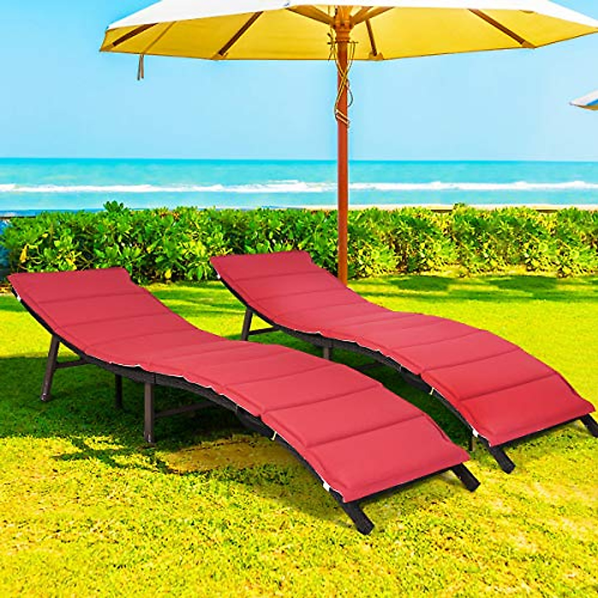 Tangkula 2 Pieces Patio Rattan Chaise Lounge, Outdoor Wicker Lounge Chair, Foldable Chaise Lounge, Suitable for Poolside, Garden, Balcony
