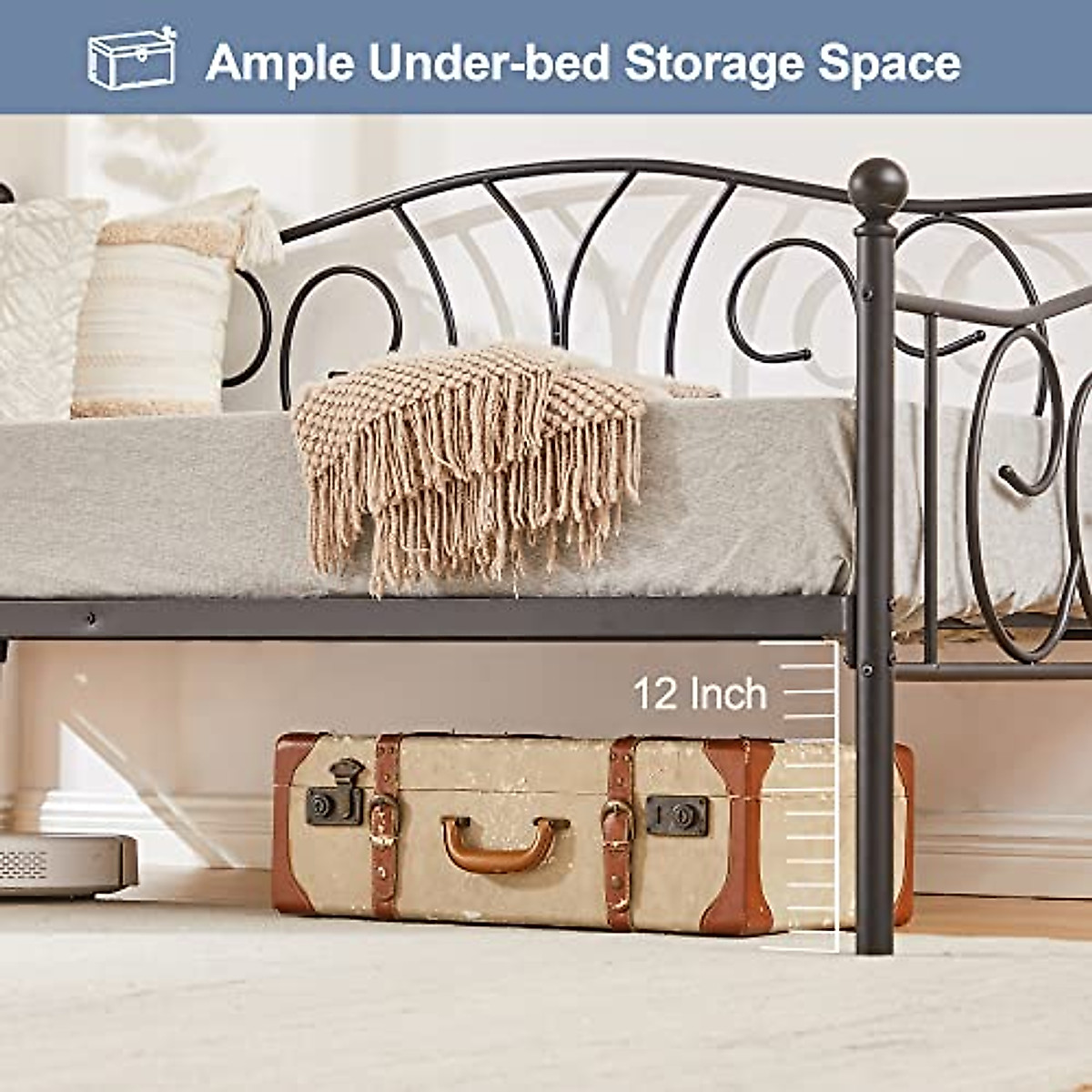 VECELO Metal Daybed Frame Multifunctional Platform Bed Sofa Mattress Foundation with Deluxe Headboard, Twin, Black