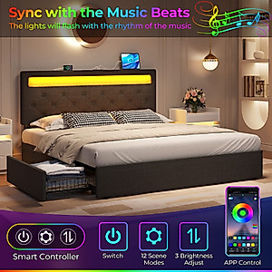 Rolanstar Full Size Bed Frame with Charging Station and LED Lights, Upholstered Bed with Adjustable Headboard and 4 Storage Drawers, No Box Spring Needed, Easy Assembly, Dark Gray