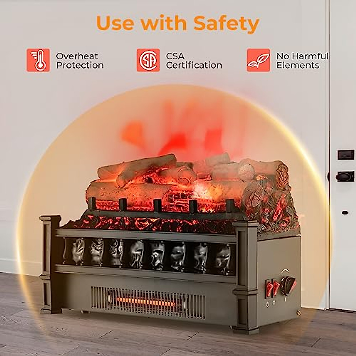 COSTWAY Eternal Flame Electric Fireplace Log, 20-inch Fireplace Insert Log Heater with Realistic Birchwood Ember Bed, Adjustable Temperature, 1500W Infrared Electric Fireplace for Home Decor, Black