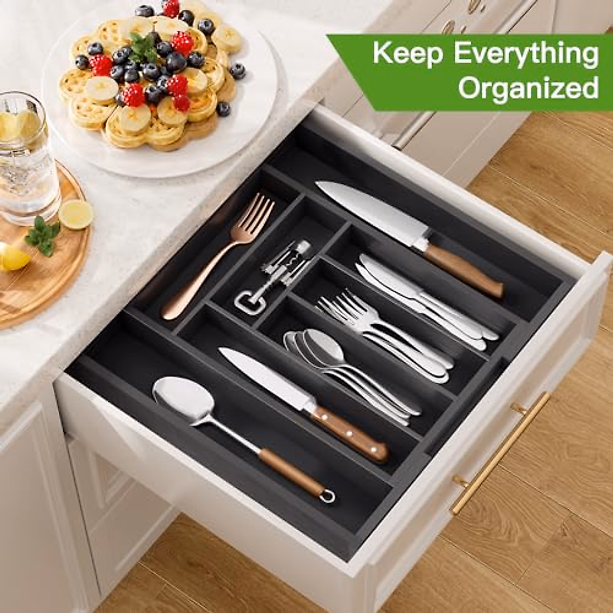 Pipishell Bamboo Expandable Drawer Organizer for Utensils Holder, Adjustable Cutlery Tray, Wood Drawer Dividers Organizer for Silverware, Flatware, Knives in Kitchen, Bedroom, Living Room(M-Black)