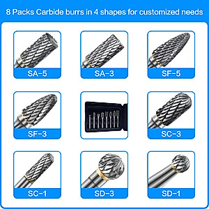 Carbide Burr Set, 1/4" Shank Die Grinder Bits, Tungsten Rotary Tool Bits Double Cut Rasp Files for Metal Weld Wood Stone Concrete Grinding Deburring Trimming Polishing Cutting, 8-pc in Sturdy Case