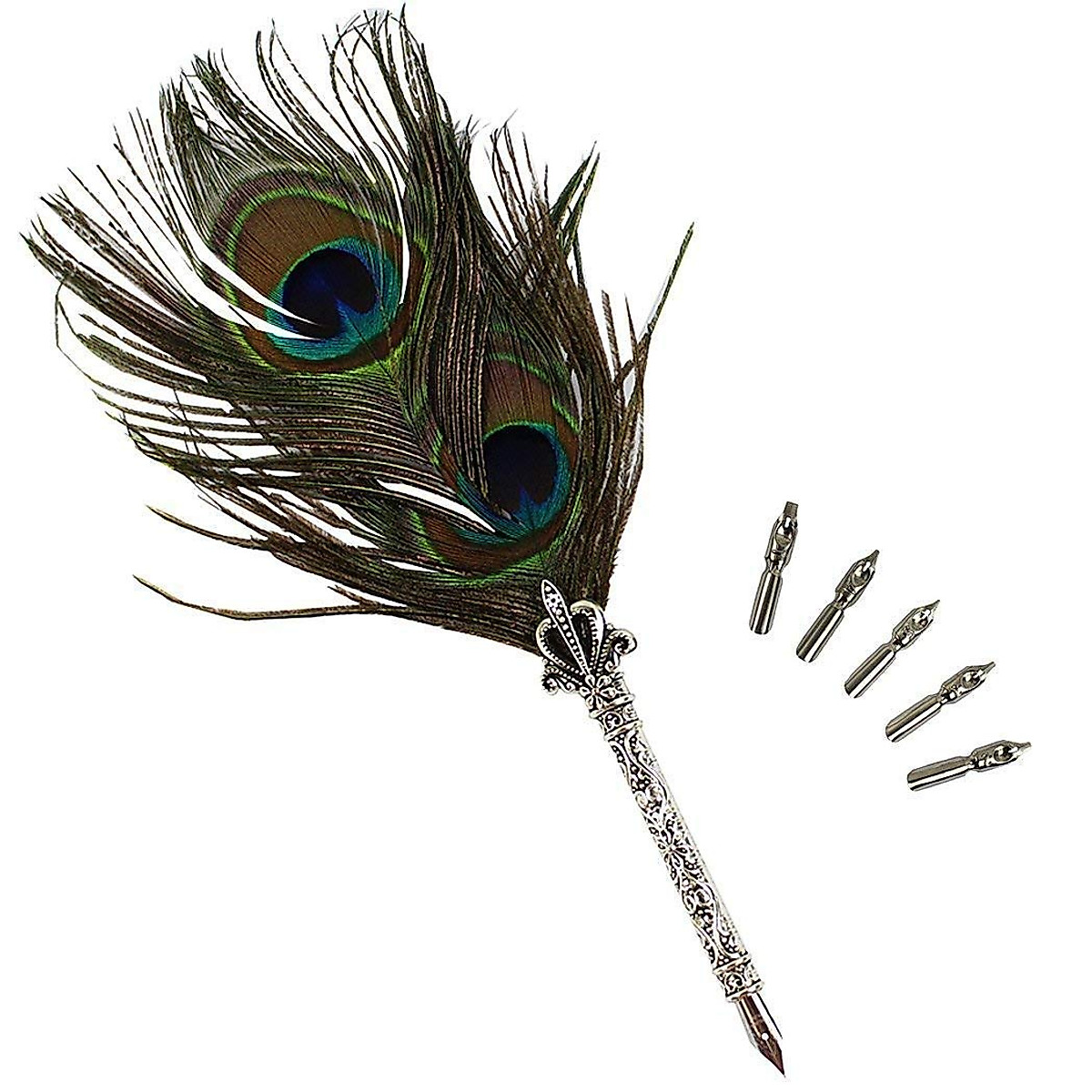 SpyShop Peacock Feather Pen Quill Ink Pen Set- Antique Feather Writing Dip Ink Pent Handmade Heart-Shaped Pen Holder Writing Dip Pen Calligraphy Gift Set