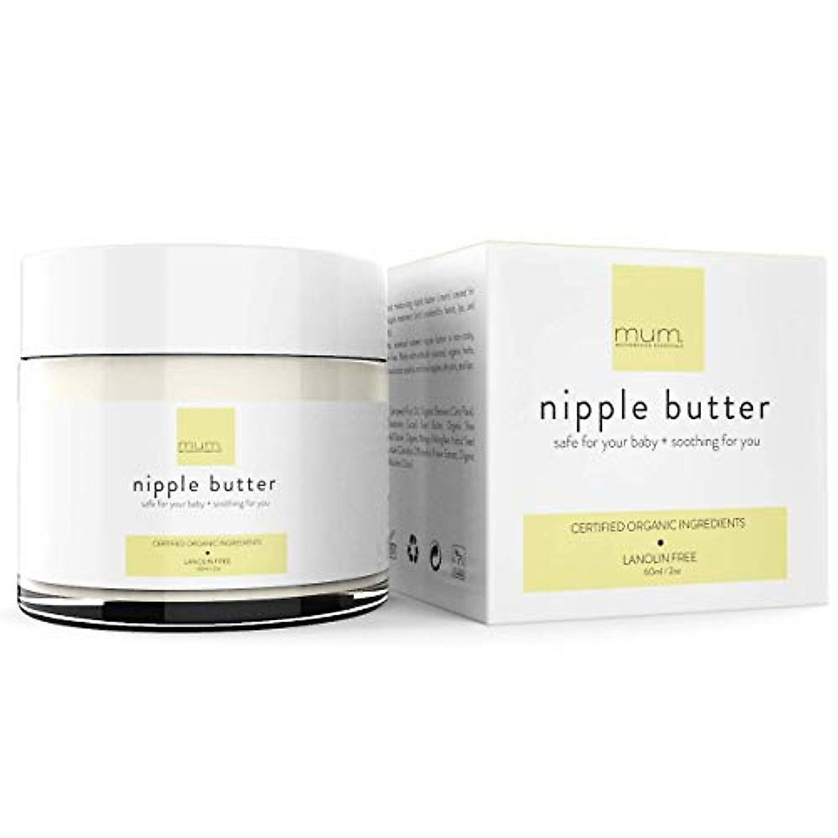 Mum. Motherhood Essentials® Organic Nipple Butter (2 oz), Lanolin Free, Doctor Recommended, USDA Organic + NON GMO , Safe nipple cream for breastfeeding, Pump lubricant, Breastfeeding essential