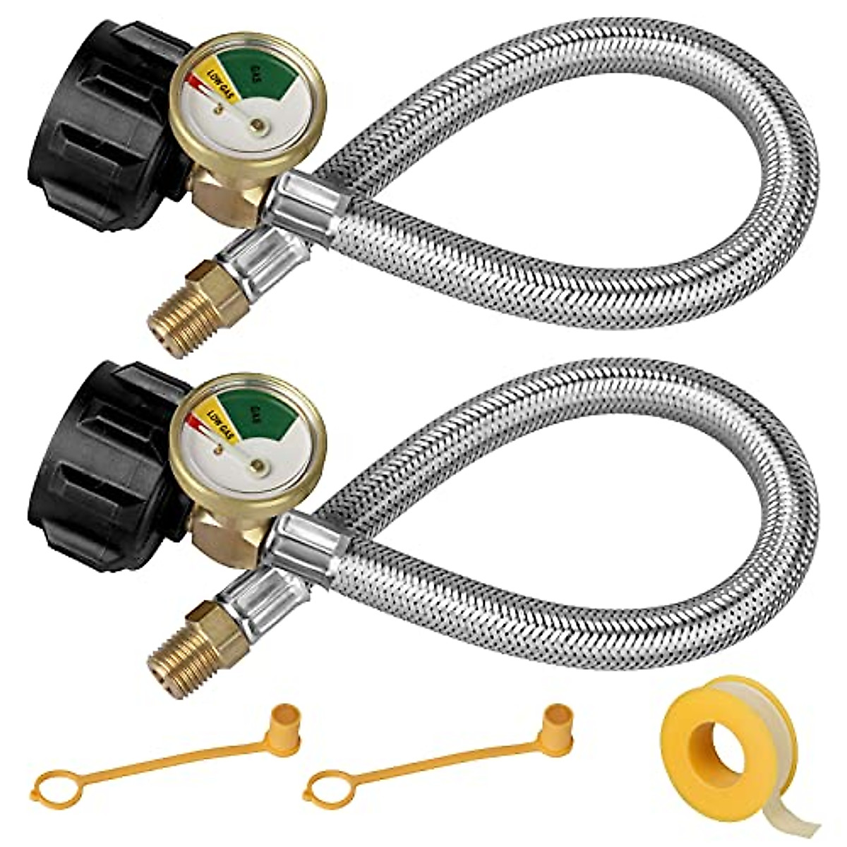 2 Pack RV Propane Pigtail Hose 12" w/ Gauge | SS Braided