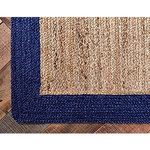 Agro Richer Rug Beige Blue Border Jute Hand Braided Rectangle Shape Home Living Room Living Room Farmhouse Carpet Rag Rug (180 x 240 Cm (6x8 Feet))