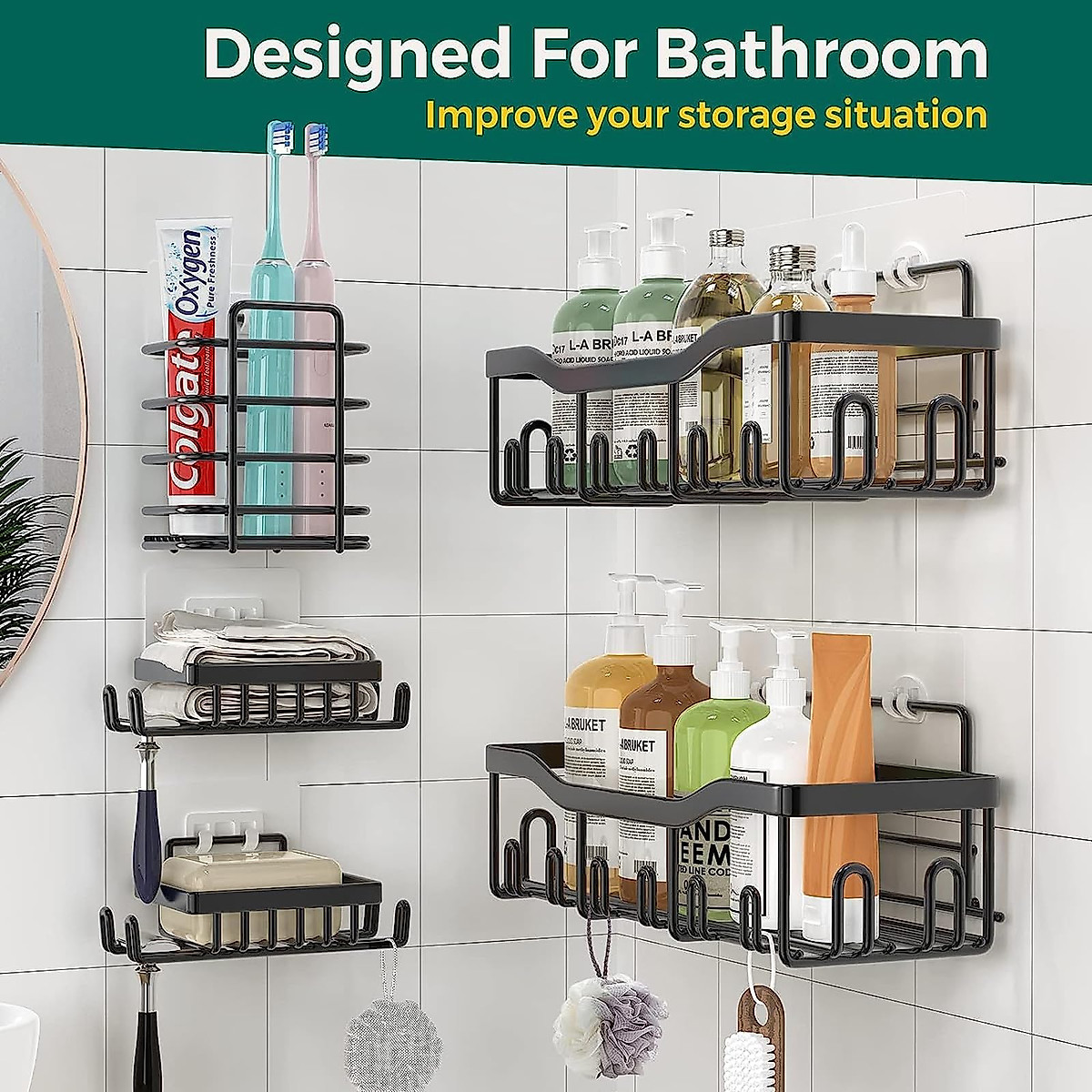 Shower Caddy Adhesive Shower Organizer for Bathroom Storage Organization, 5 Pack Shower Shelves No Drilling, Rustproof Stainless Steel Home & Kitchen Decor, Wall Hanging, RV Accessories, Black