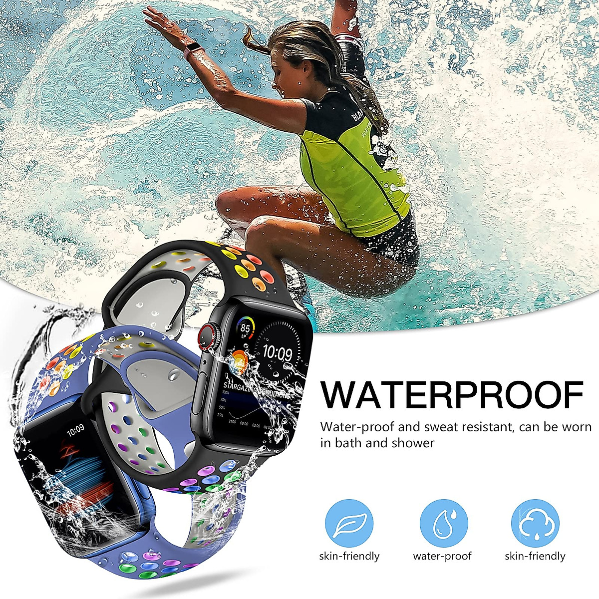 Adorve Compatible with Apple Watch Bands 49mm 45mm 44mm 42mm Women Men, Breathable Air Holes Silicone Sport Band for iWatch Ultra 2 SE Series 9 8 7 6 5 4 3 2 1, Black/White/Blue Gray/BlueRainbow